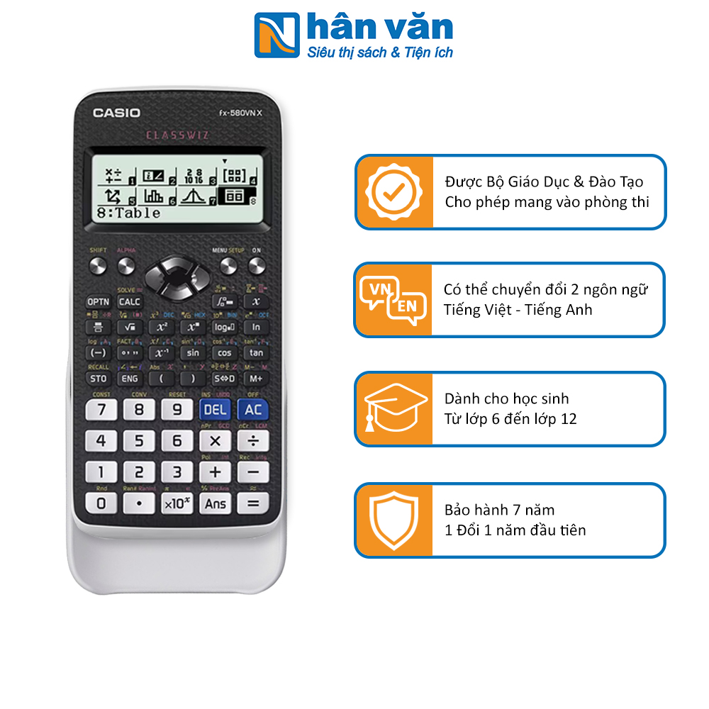 Máy Tính Casio FX580 VNX - Màu Đen Nắp Trắng - Chính Hãng Bảo Hành 7 Năm
